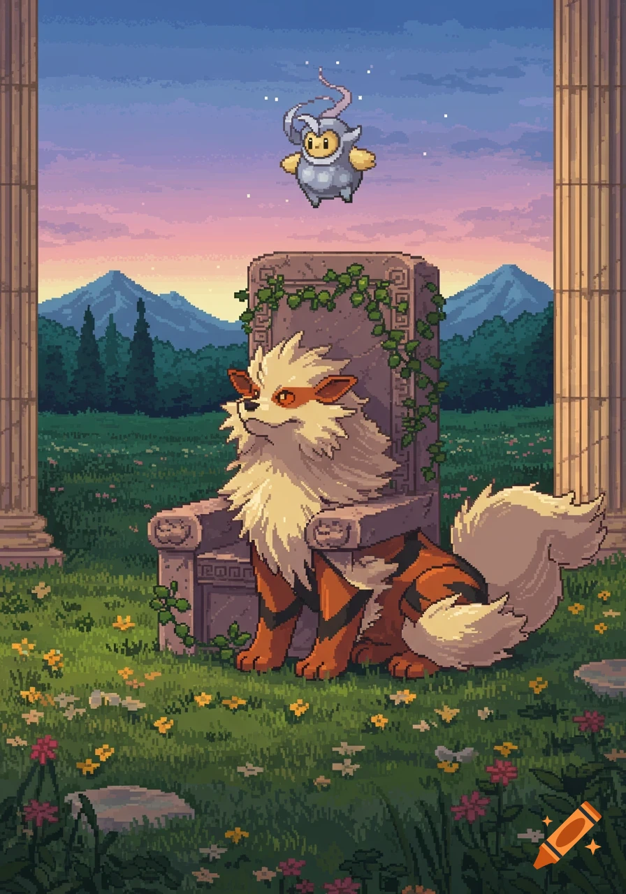 Pixel art of Arcanine sitting by a stone throne with Spritzee floating ...