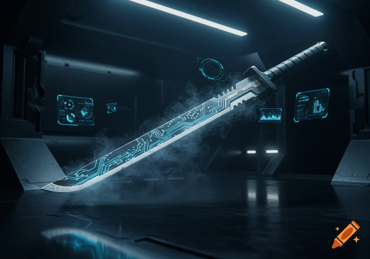 A glowing blue sci-fi sword with circuit patterns on its blade, set in ...