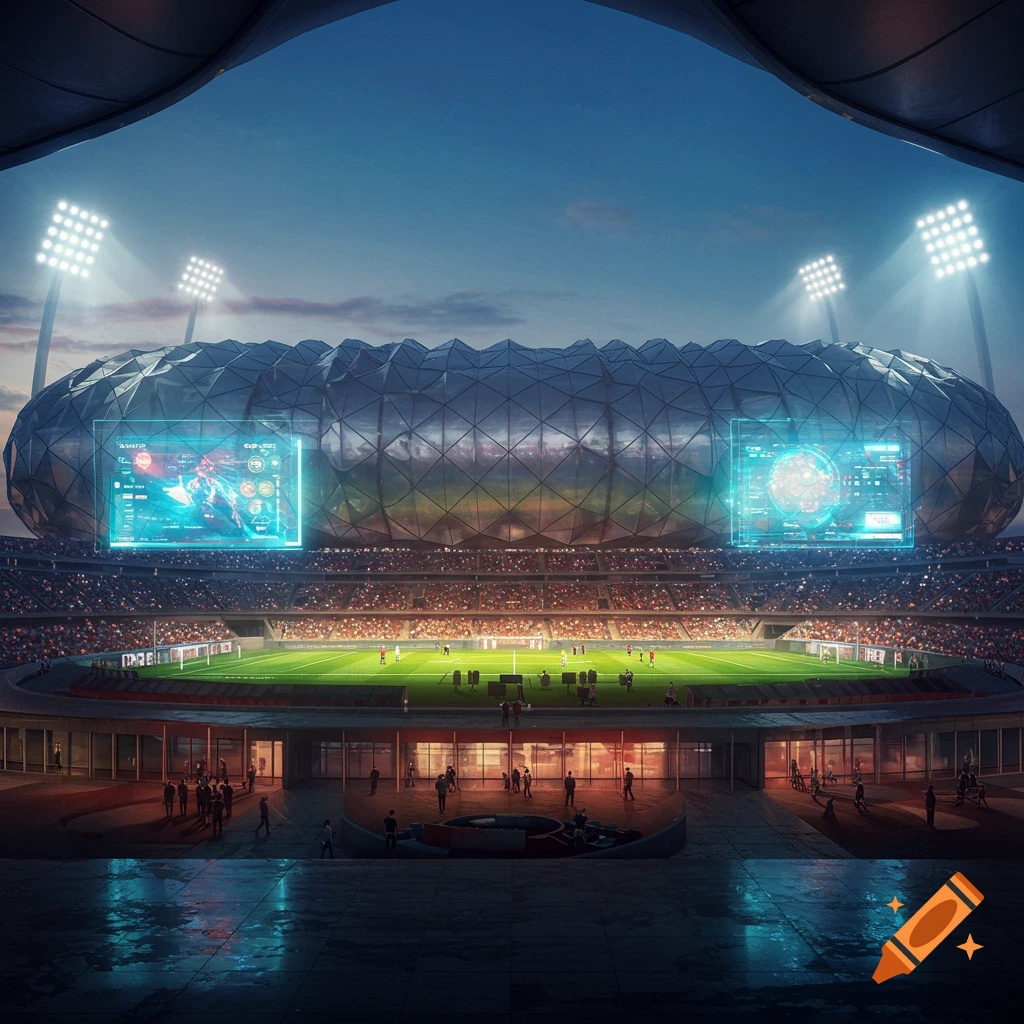 A brightly lit, futuristic soccer stadium at dusk with large ...