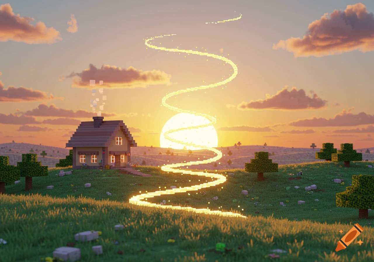 A pixel art landscape features a blocky house on a grassy hill, with a ...