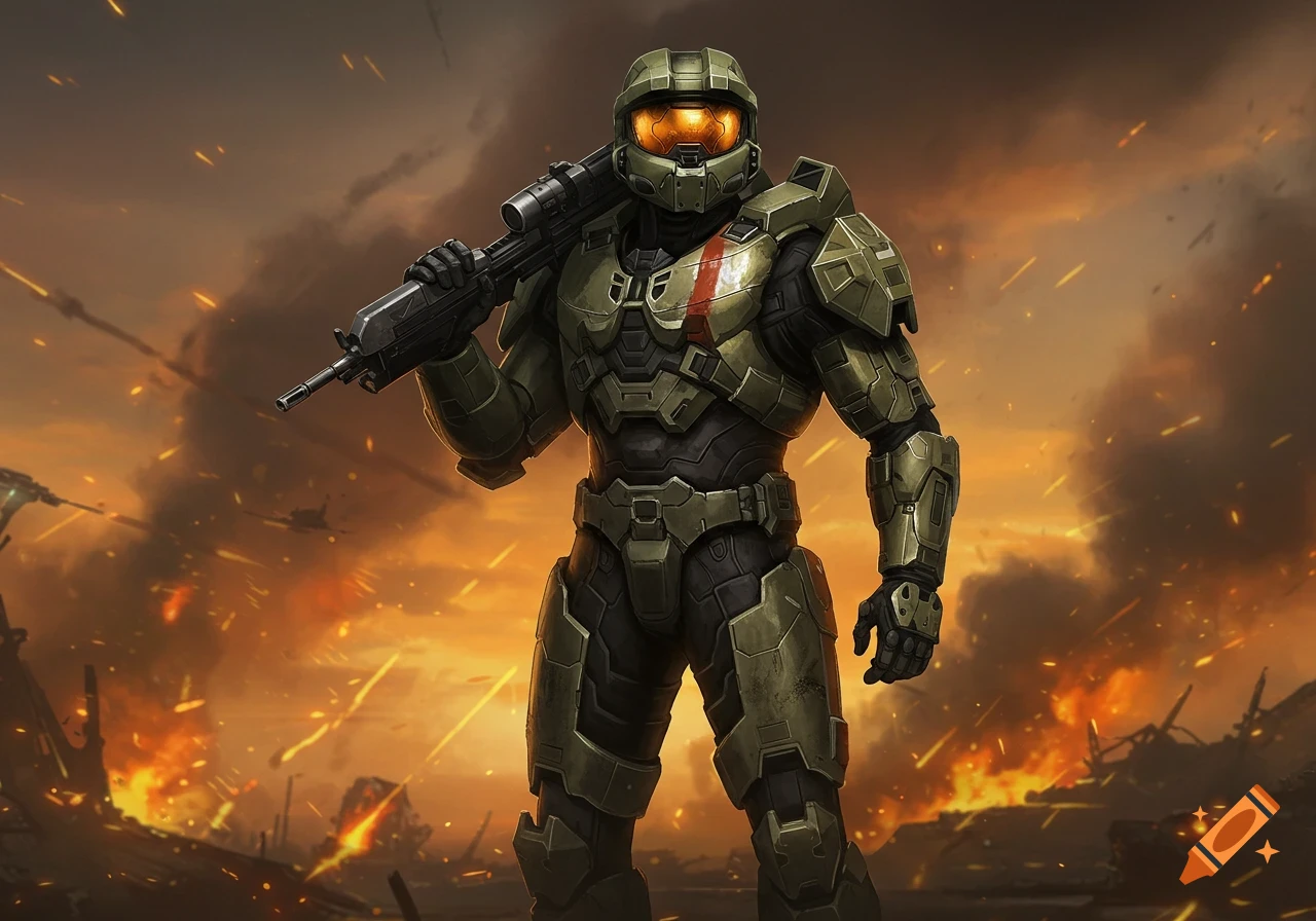 Master Chief in Mjolnir armor holds an assault rifle over his shoulder ...