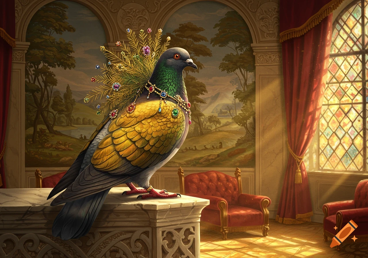 An ornate pigeon adorned with gold and jewels stands on a marble ...