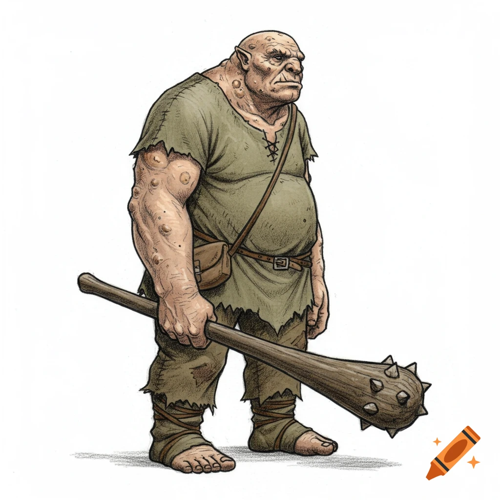 A bald, warty, troll-like giant in torn clothes holds a studded club ...
