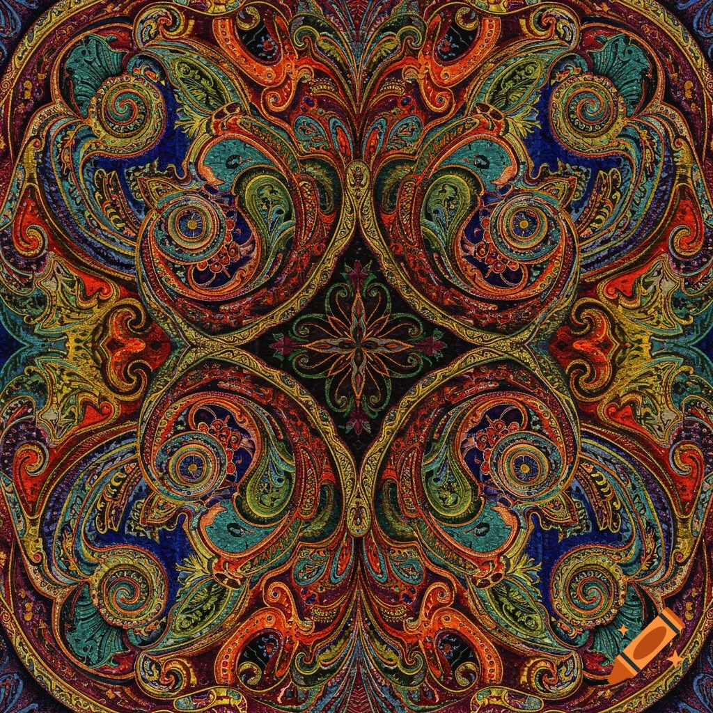 A vibrant, intricate textile pattern blending Persian carpet motifs ...