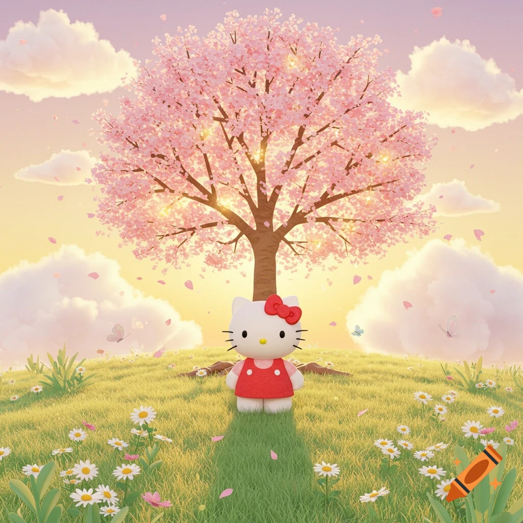 Hello Kitty in a red dress stands on a grassy hill with daisies, under ...
