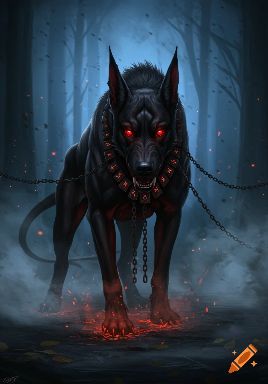 A black demon dog with glowing red eyes and fiery paws stands in a dark ...