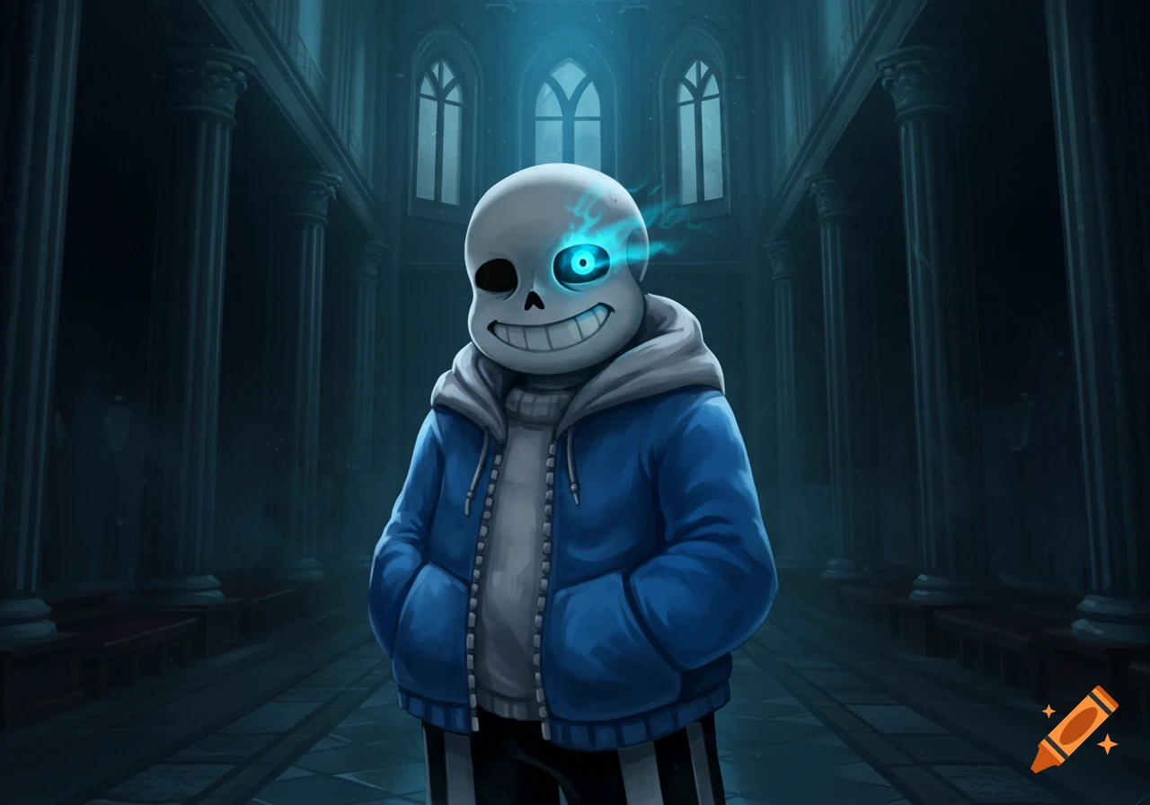Sans from Undertale stands in the dark Judgment Hall, his right eye ...