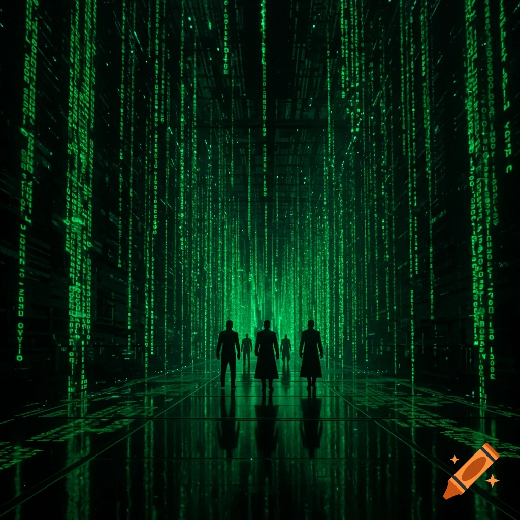 Silhouetted figures walk on a reflective floor amidst falling green ...