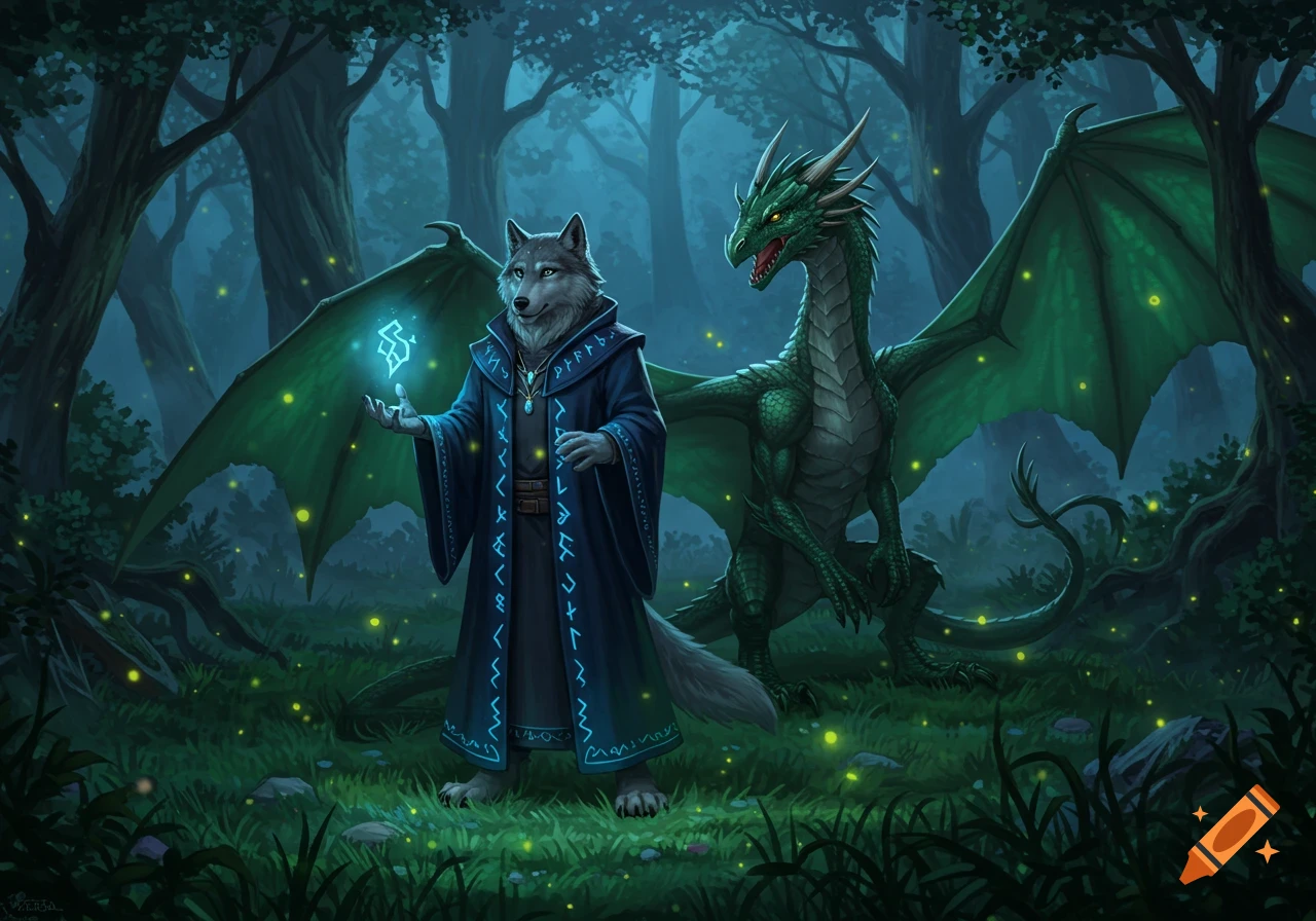 A wolf wizard in a blue robe with glowing runes stands next to a green ...