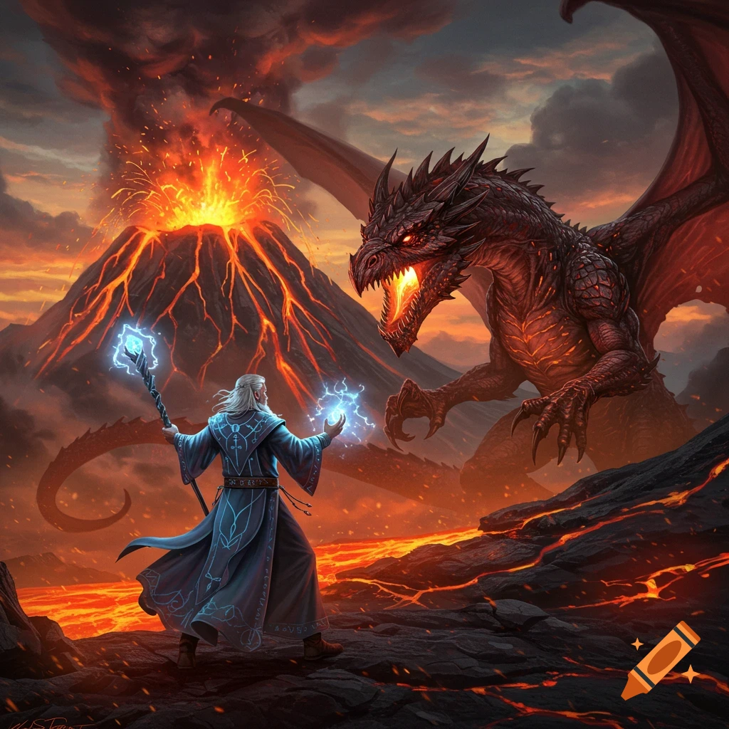 A wizard battles a red dragon above an erupting volcano with glowing ...