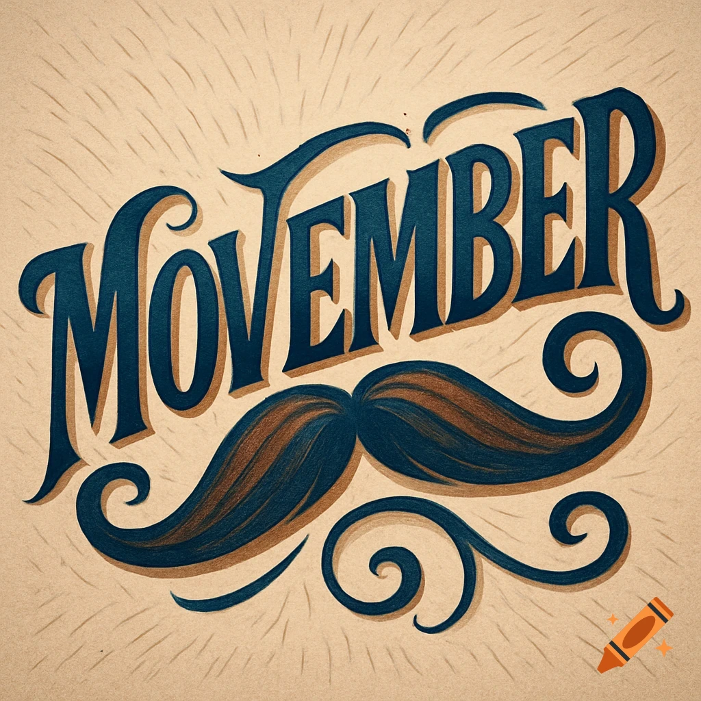 Stylized vintage illustration of the word 'Movember' in dark blue with ...