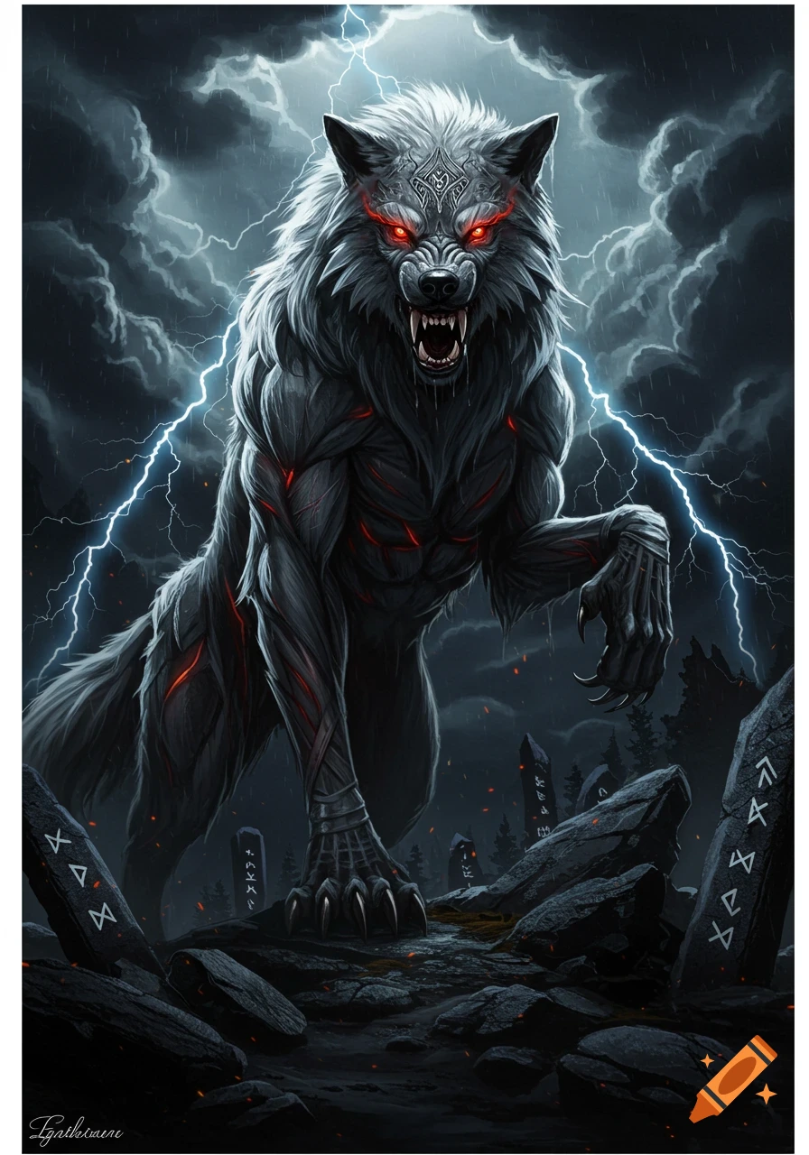 A fierce, muscular Fenris Wolf with glowing red eyes, baring fangs ...