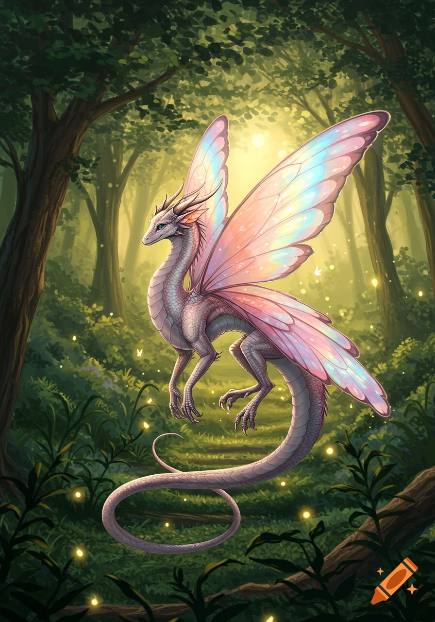 A graceful, slender dragon with iridescent butterfly wings floats in a ...