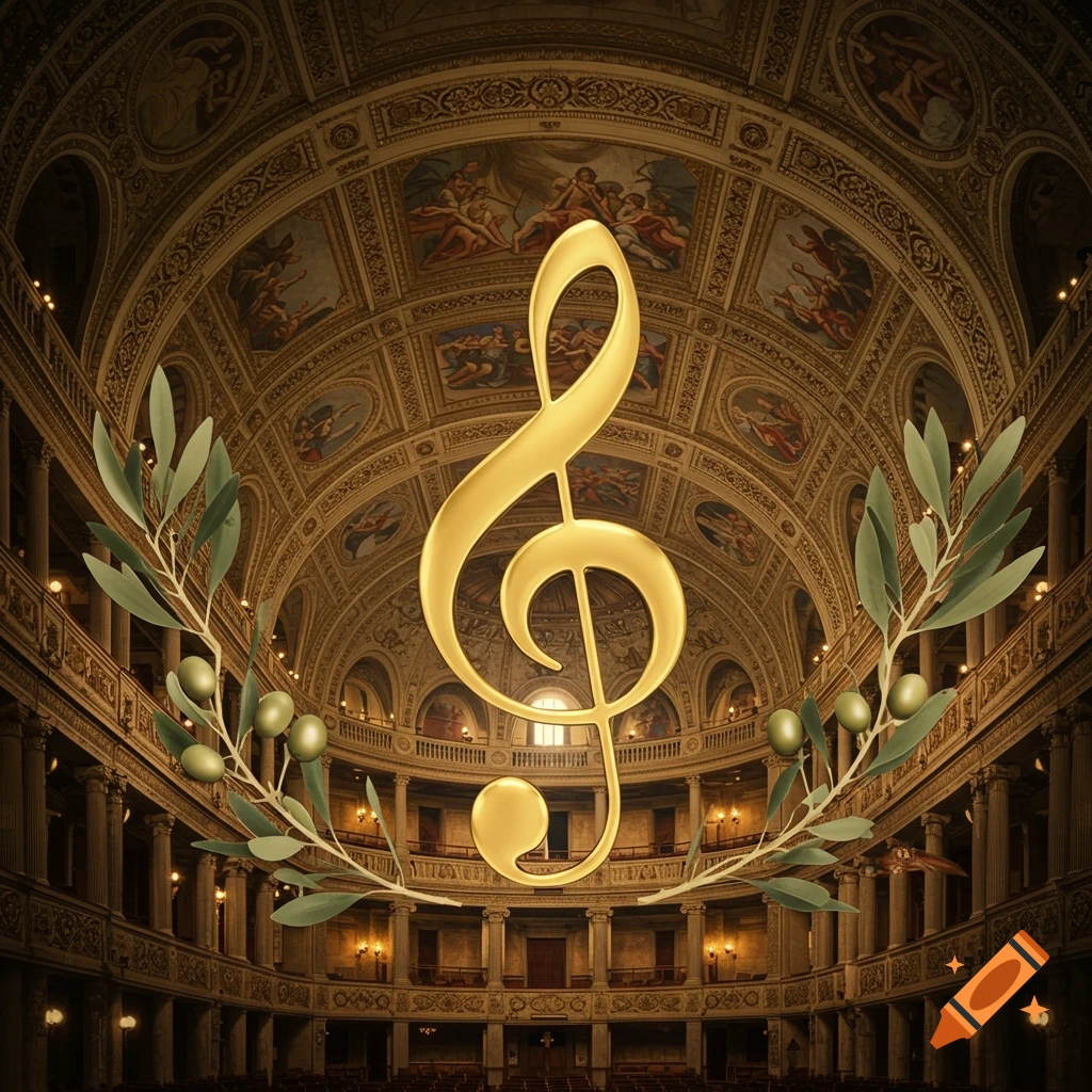 Golden treble clef symbol framed by olive branches, centered in a grand ...