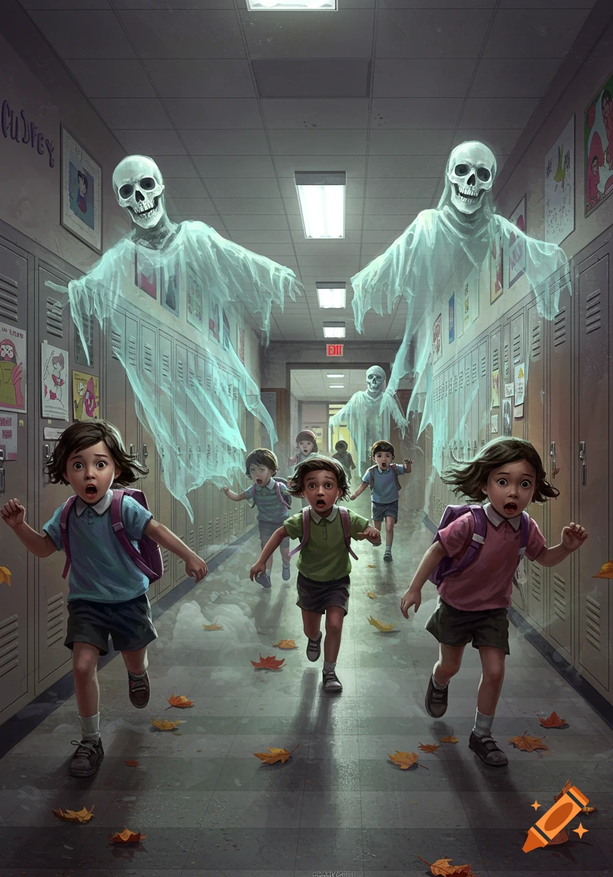 Scared children run down a school hallway as translucent ghost ...
