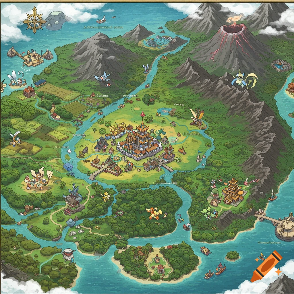 A colorful, detailed cartoonish map of a tropical Pokemon region with ...