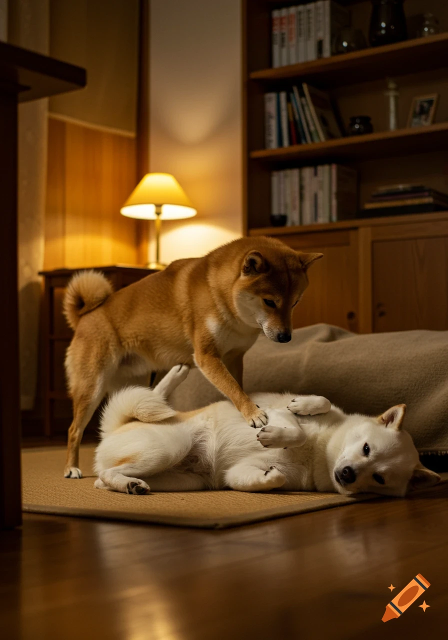 A brown Shiba-Inu stands over a white Shiba-Inu lying on its back on a ...