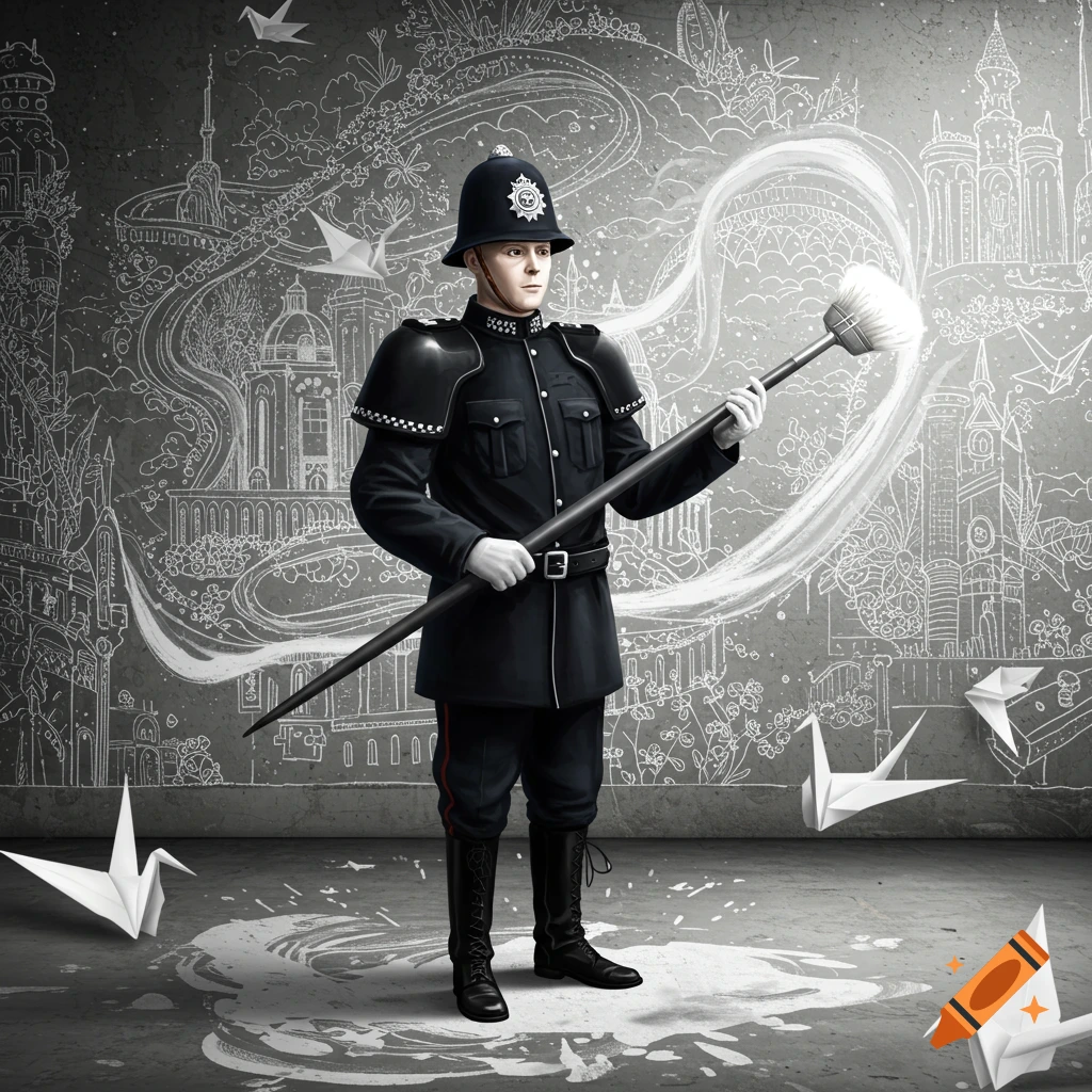 A British police officer (bobby) in a dark uniform holds a large brush ...