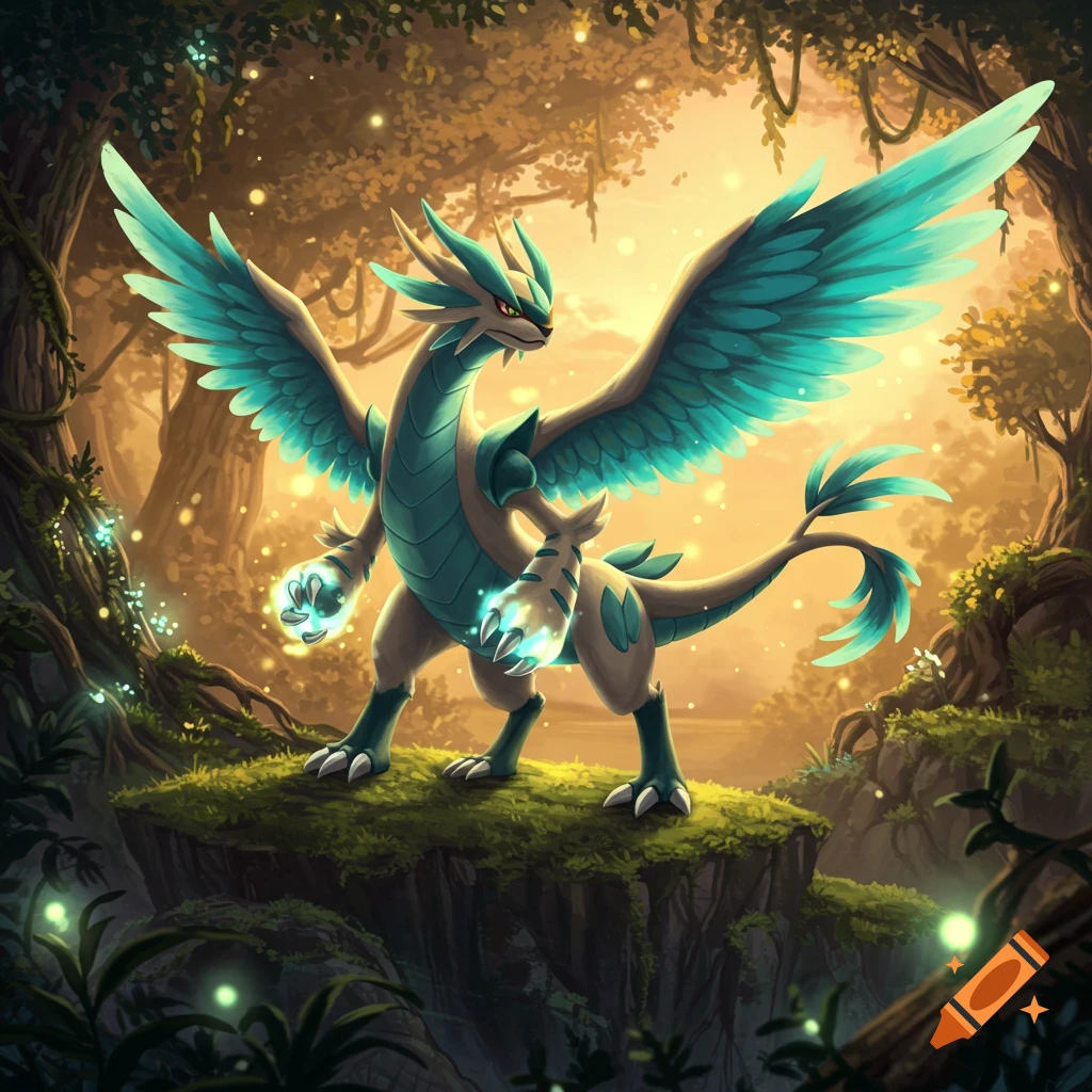 A majestic teal and tan winged dragon-like creature with glowing energy ...