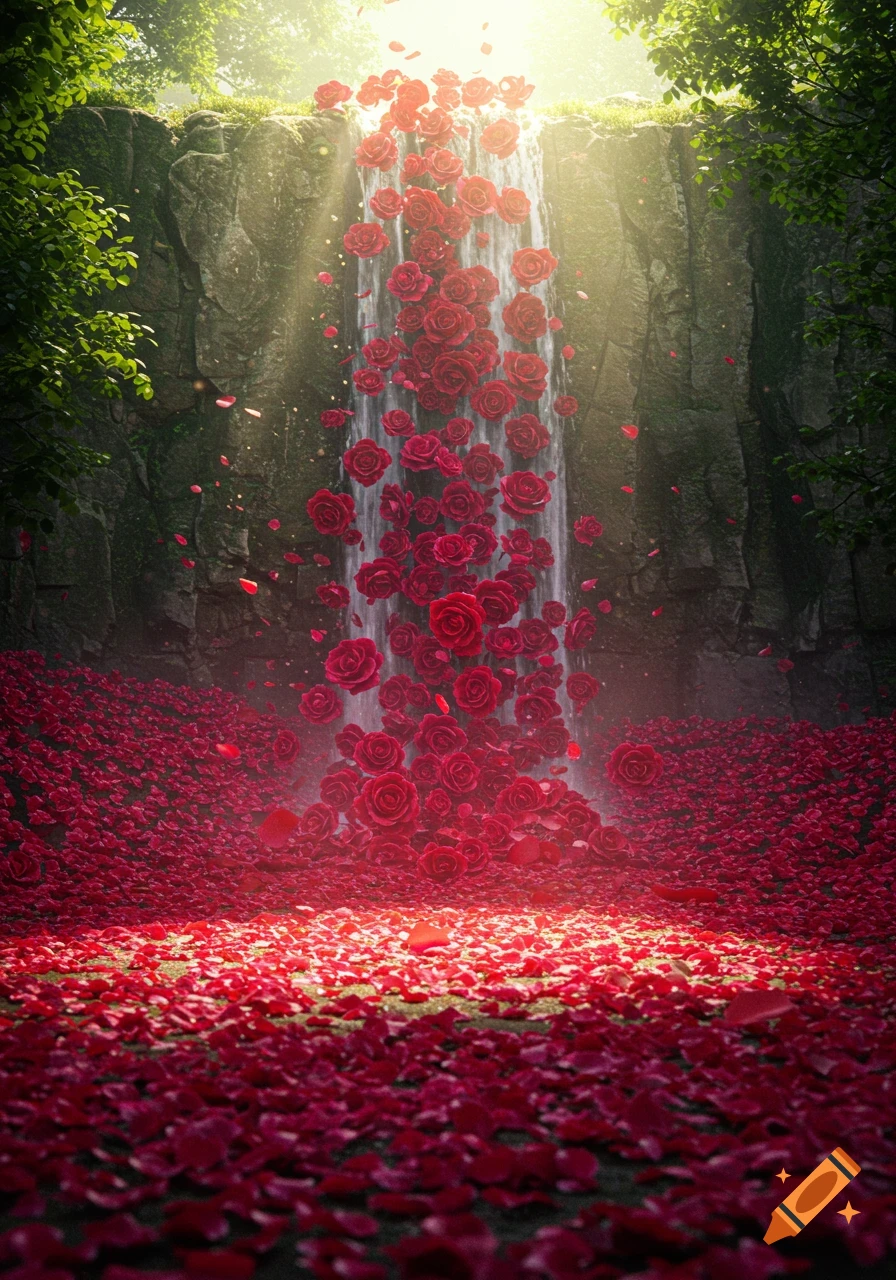 A vibrant waterfall of red roses cascades down a rocky cliff into a ...