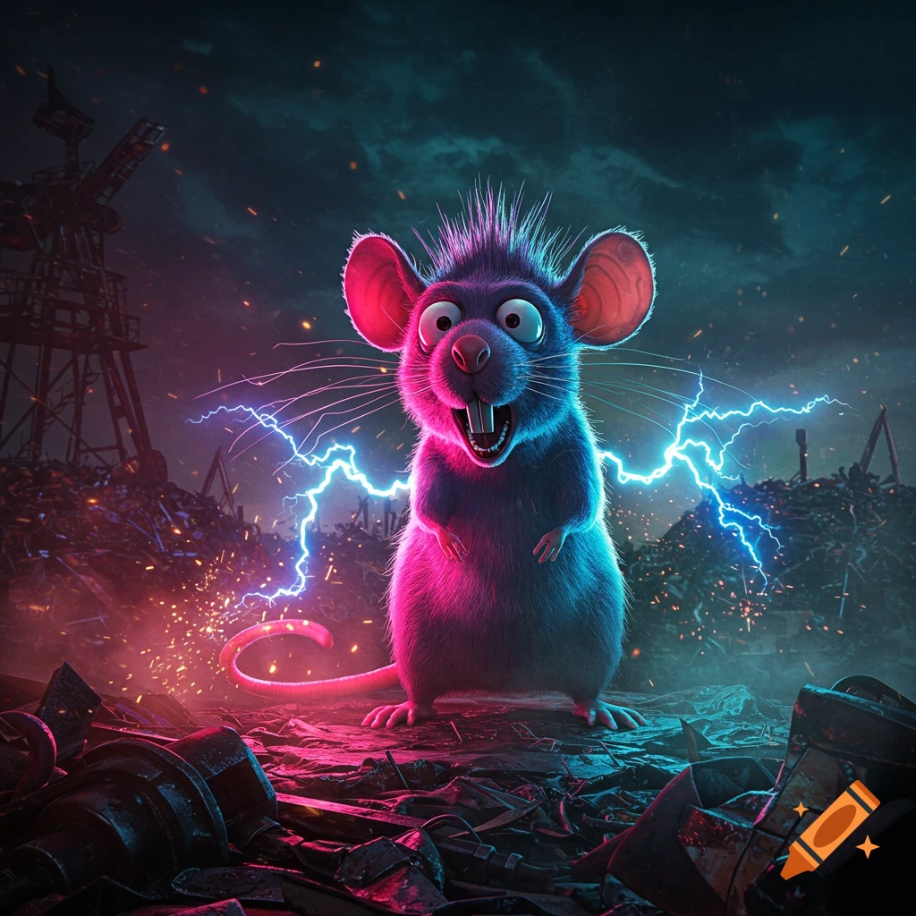 A cartoon rat with vibrant pink and blue fur stands in a dark, stormy ...