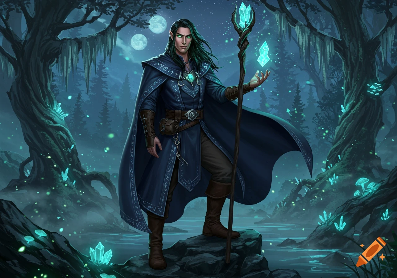 A dark elf warlock with glowing green eyes and long hair, wearing a ...