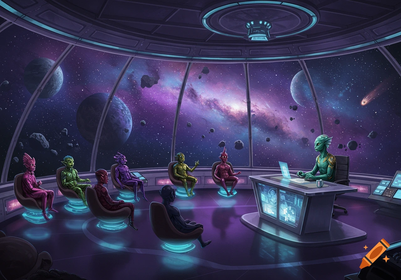 Colorful alien creatures in a futuristic spaceship bridge, looking out ...