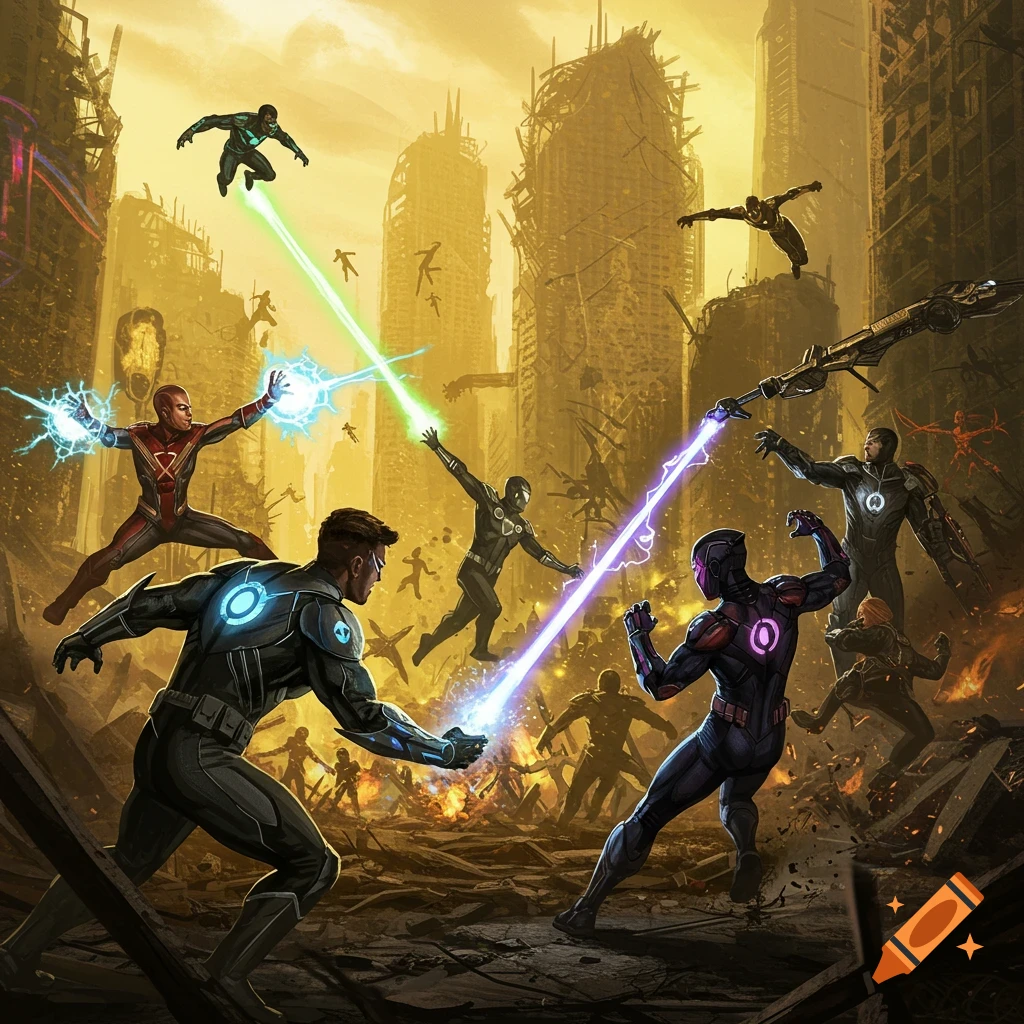 Superheroes and villains battle with energy blasts in a destroyed ...
