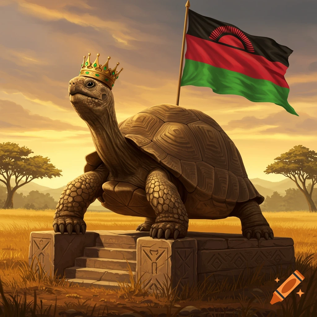 A crowned tortoise stands on a stone pedestal with a Malawian flag ...