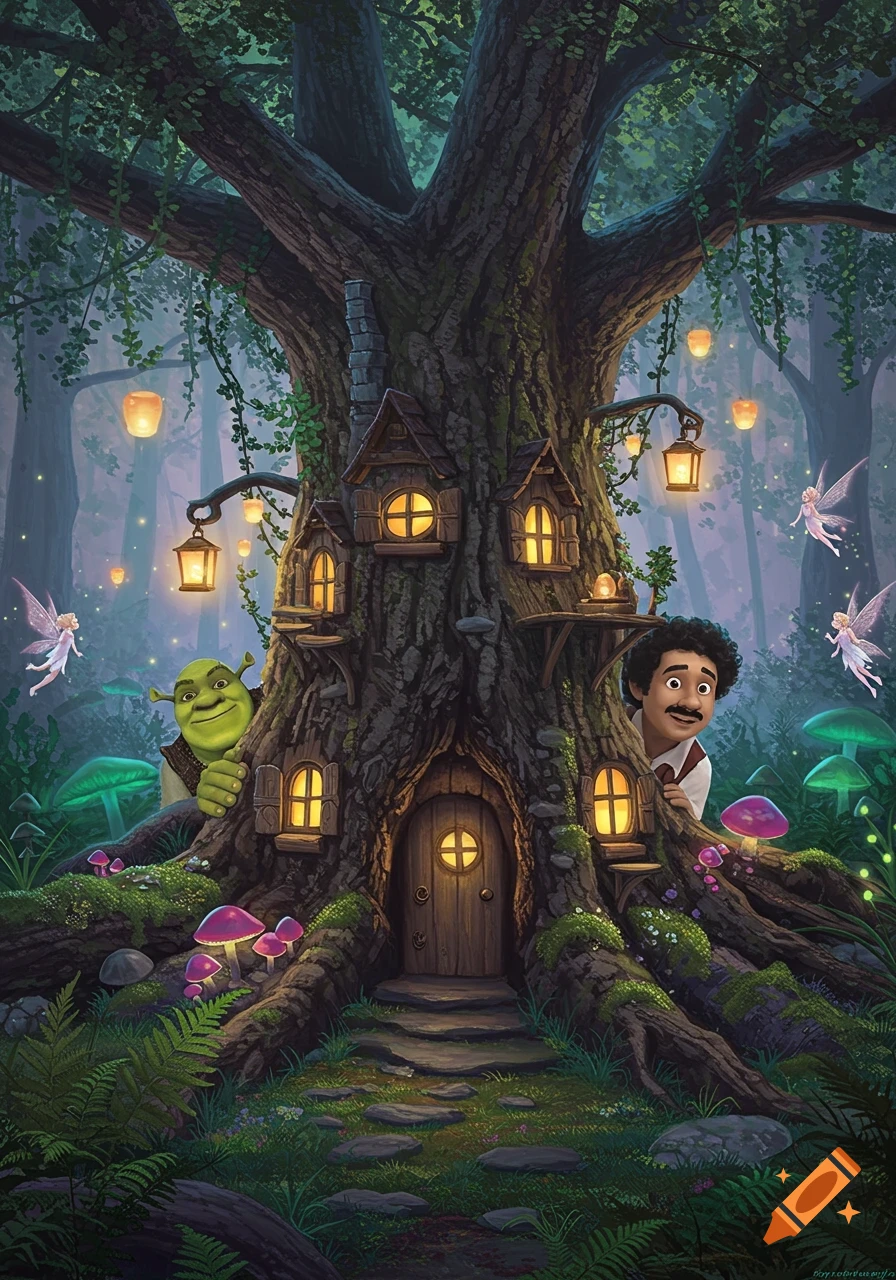 A vibrant fantasy illustration of a large tree house with glowing ...
