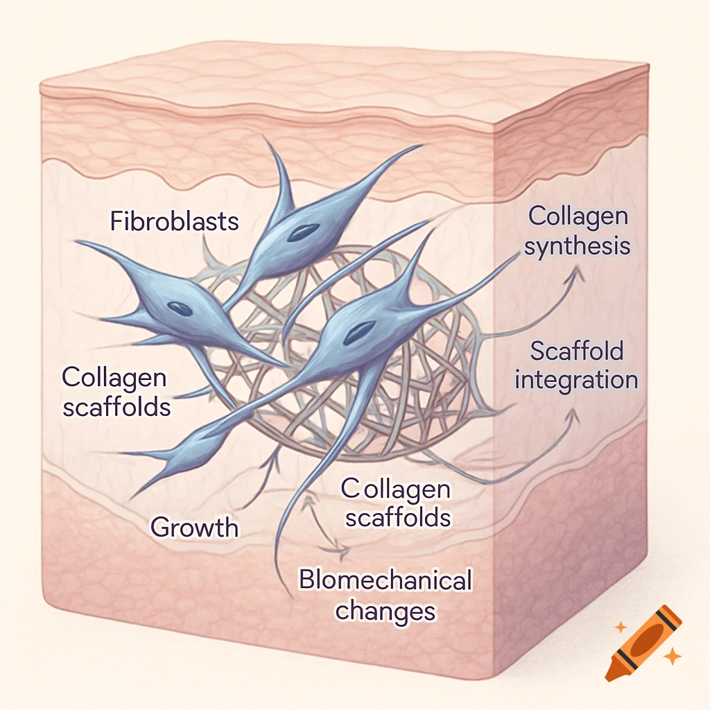 Schematic diagram illustrating fibroblasts and collagen scaffolds ...