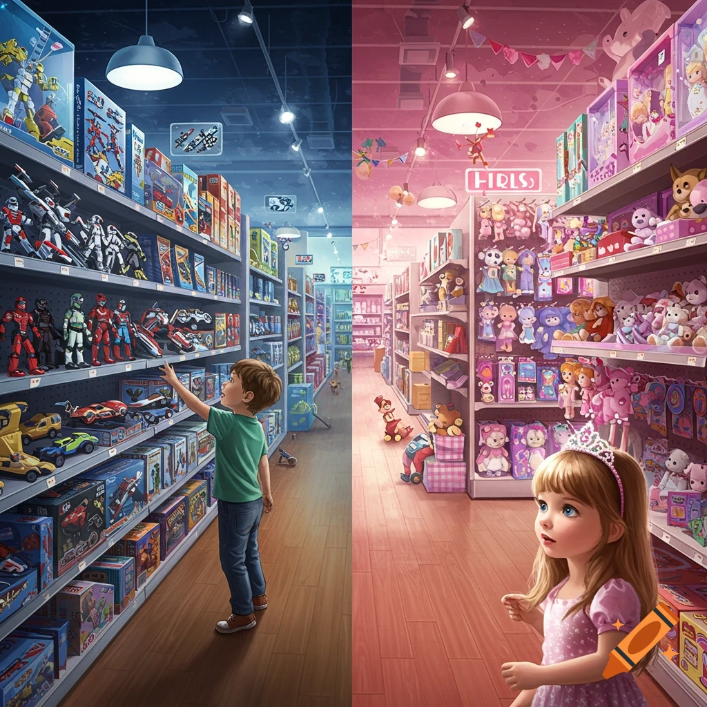 A boy looks at action figures in the blue-lit section of a toy store ...