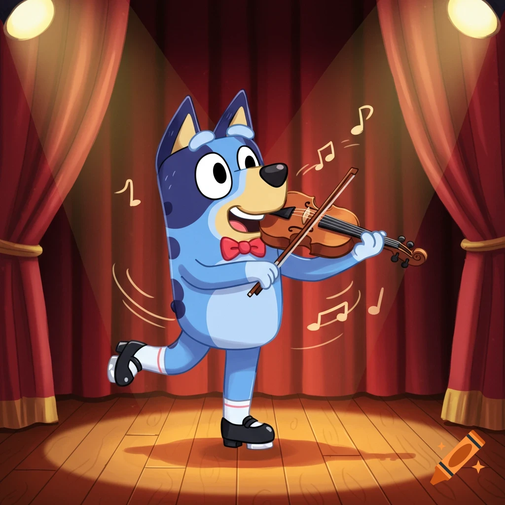 Bluey the cartoon dog playing a violin and tap dancing on a spotlighted ...