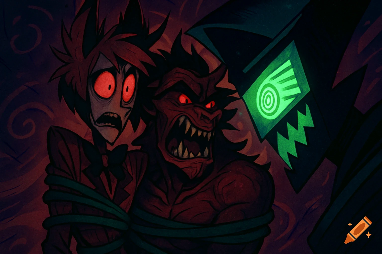 An animated scene in Hazbin Hotel style shows a terrified Alastor and a ...