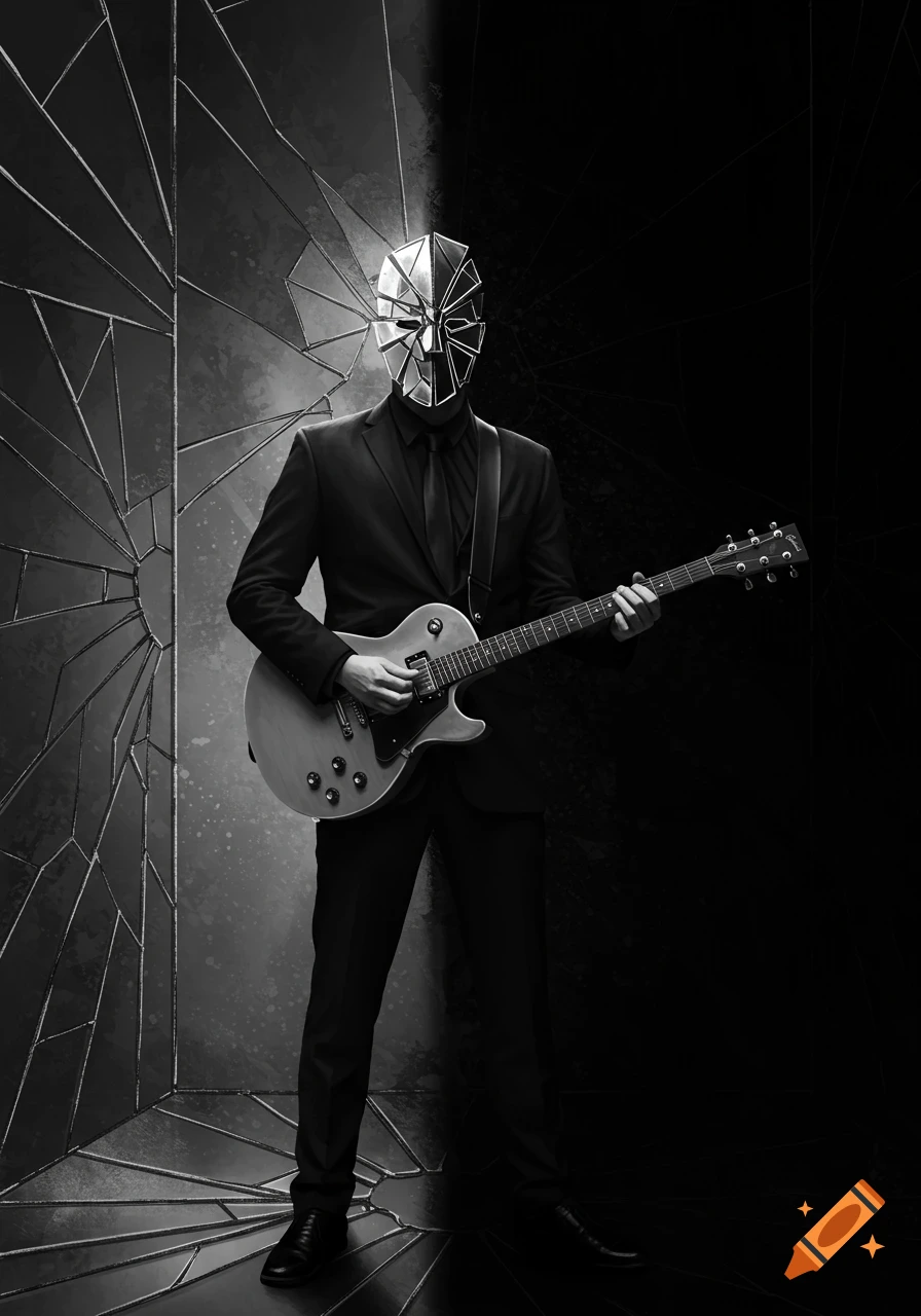 A person in a suit wearing a broken mirror mask plays an electric ...