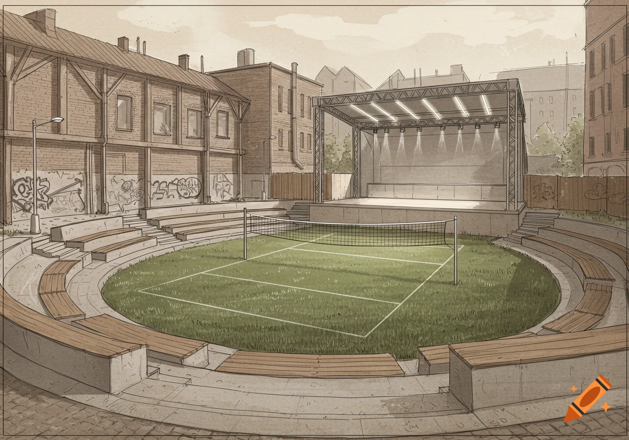 Urban concept drawing of an open-air amphitheater with a grass ...