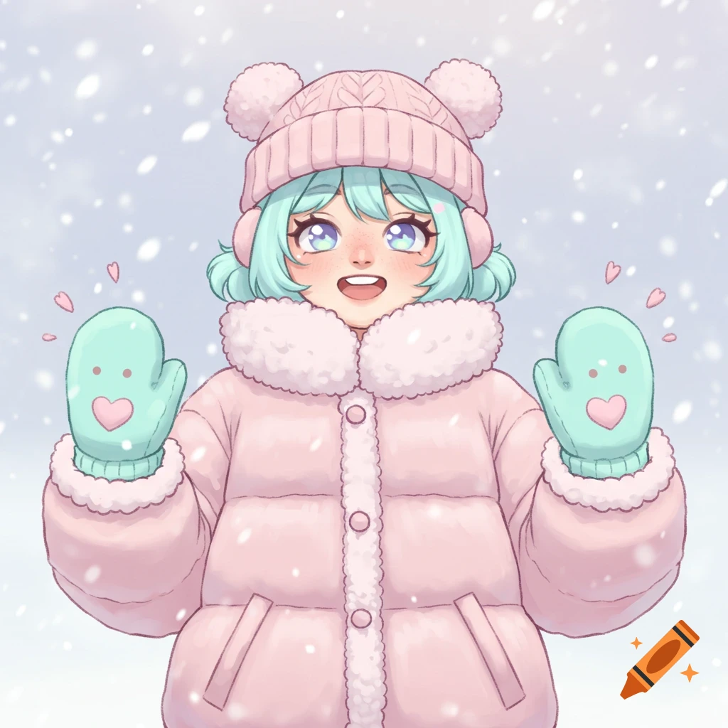 A kawaii anime girl in a pink puffer coat, hat, and mint mittens with ...