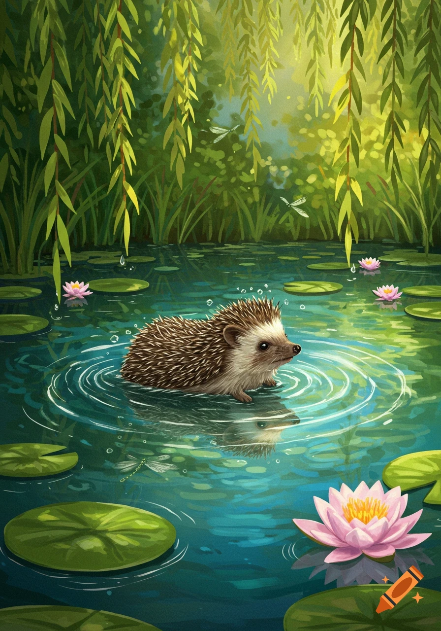 A cute hedgehog swims in a vibrant green pond surrounded by lily pads ...