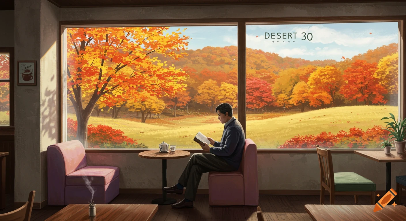 An adult man reads a book in a cozy coffee shop with a large window ...