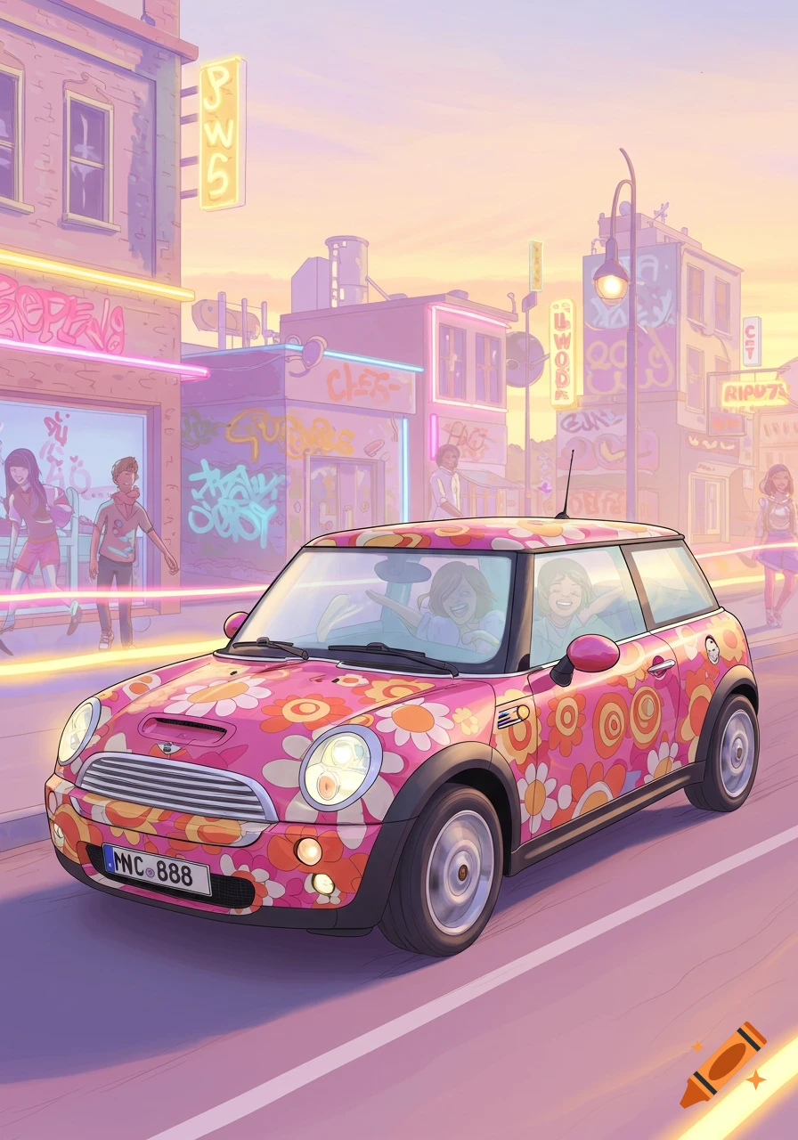 A pink Mini Cooper with a flower power design drives down a vibrant ...