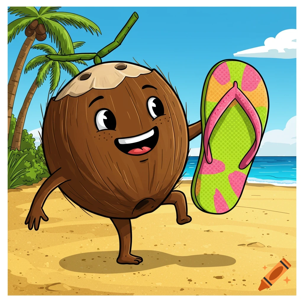 A smiling cartoon coconut with legs walks on a sandy beach, holding a ...