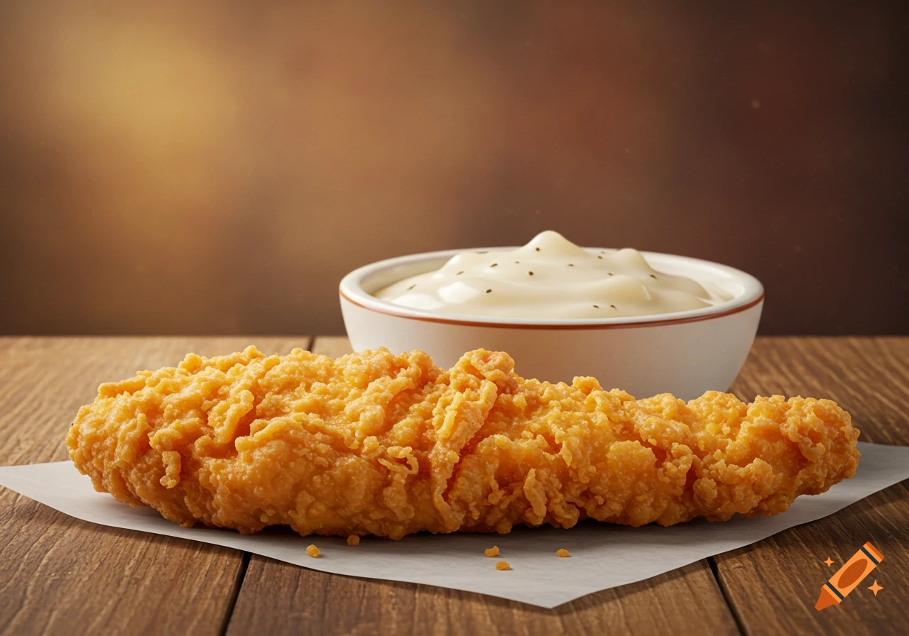 Close-up of a crispy fried chicken strip on paper next to a bowl of ...