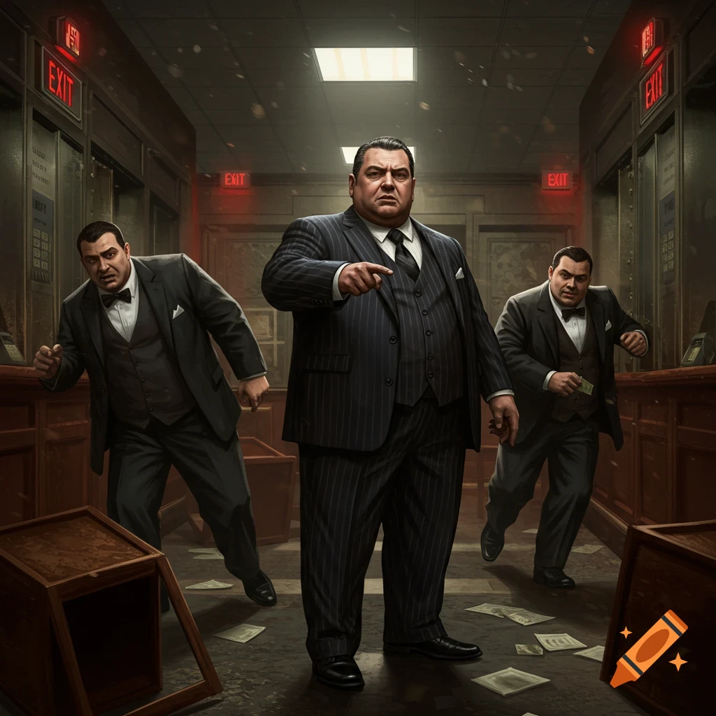Three stern mobsters in suits stand in a dimly lit bank lobby with ...