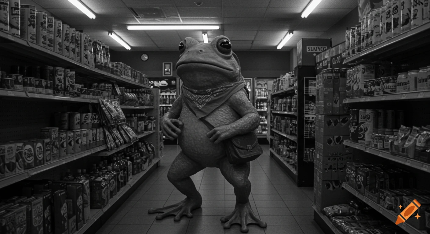 A large, bipedal frog wearing a bandana and a satchel stands in a ...