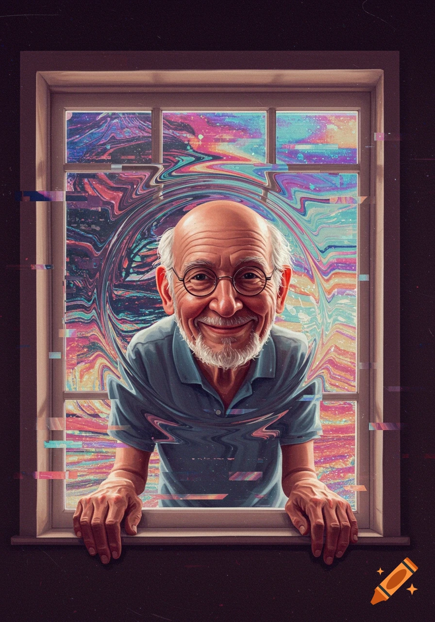 A smiling old man with glasses and a beard looks out a window. Behind ...