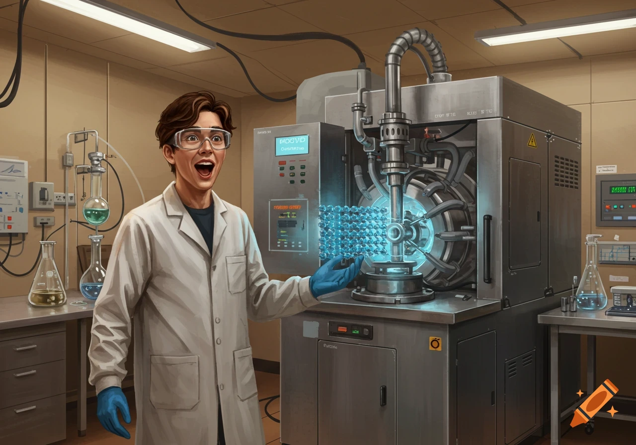 An excited young man in a lab coat and safety goggles stands next to a ...