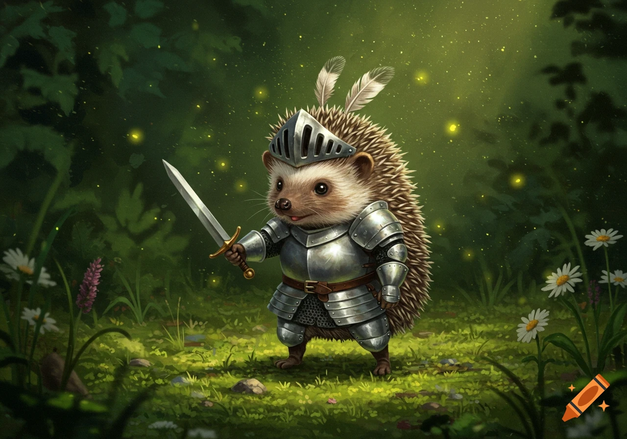 A cute hedgehog knight in shining armor stands in a magical forest ...