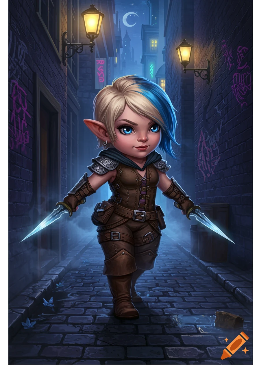 Vibrant digital painting of a blonde and blue-haired gnome female rogue ...