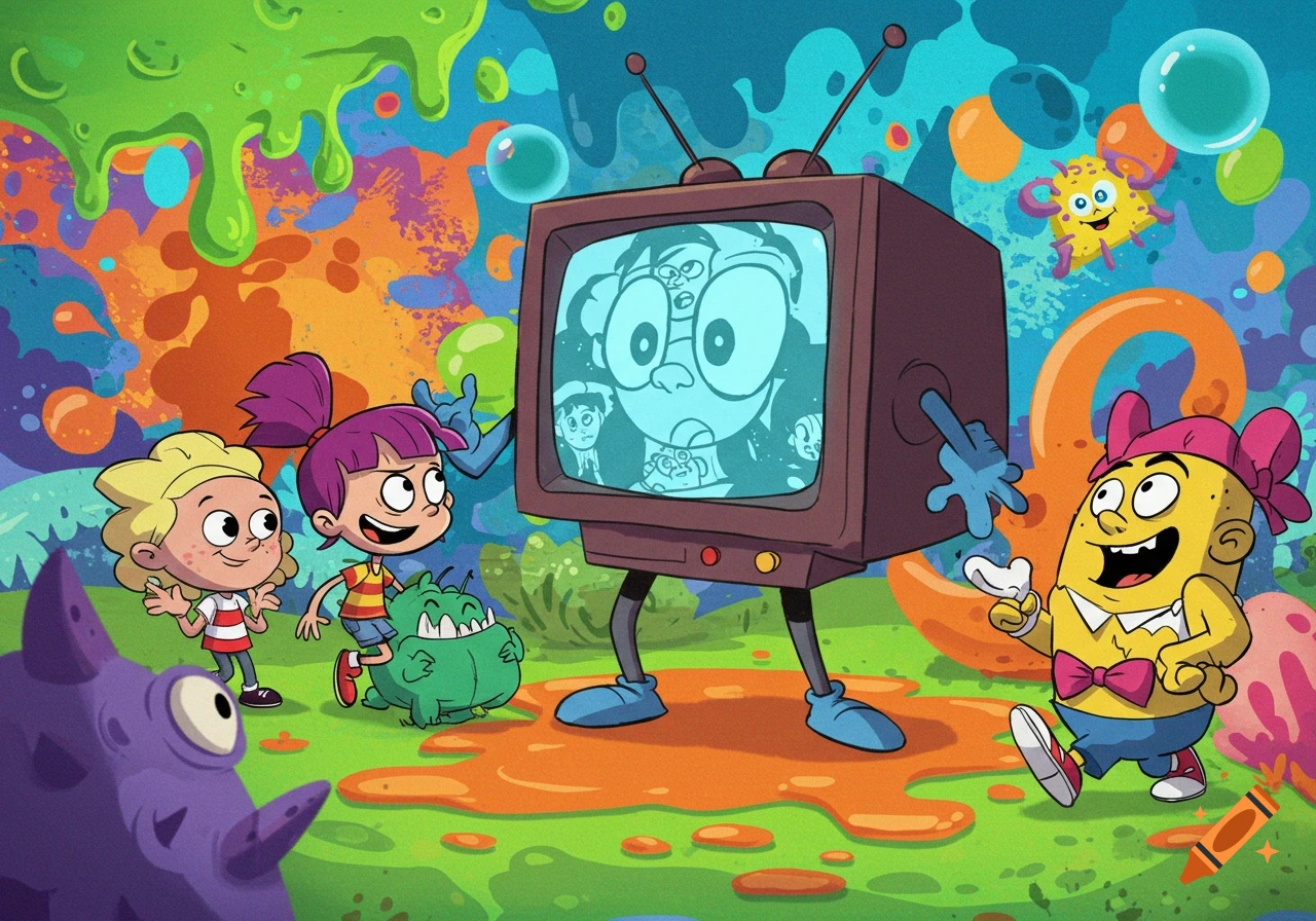 Colorful cartoon scene with a walking TV, two girls, a small green ...