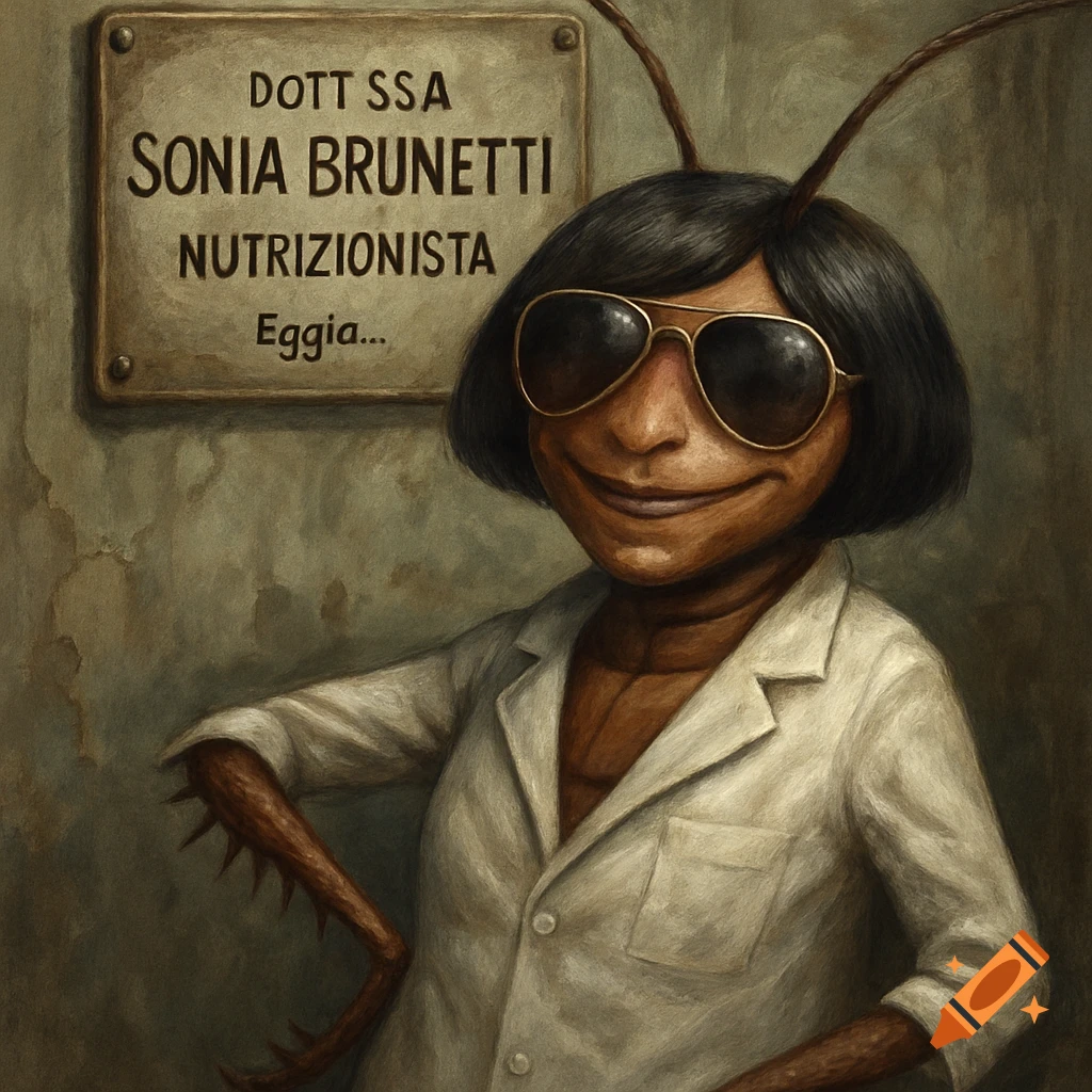 A smiling anthropomorphic cockroach with a dark bob, sunglasses, and a ...